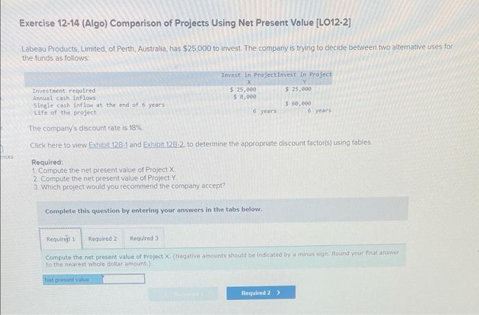 Solved Exercise 12-14 (Algo) Comparison of Projects Using | Chegg.com