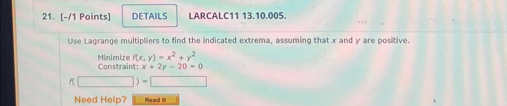 Solved [-/1 ﻿Points]LARCALC11 13.10.005.Use Lagrange | Chegg.com