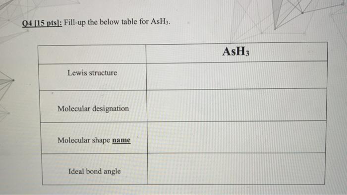 Solved Q4 [15 pts): Fill-up the below table for AsH3. AsH3 | Chegg.com