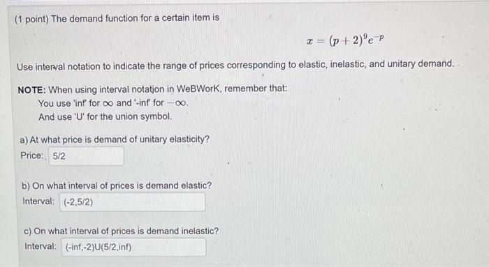 Solved (1 point) The demand function for a certain item is | Chegg.com