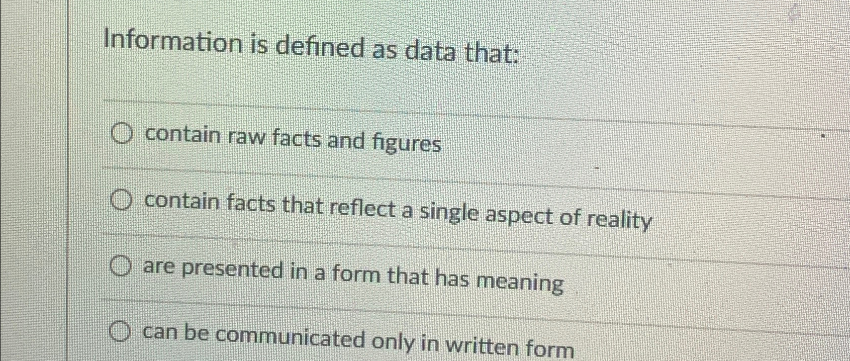 Solved Information is defined as data that:contain raw facts | Chegg.com