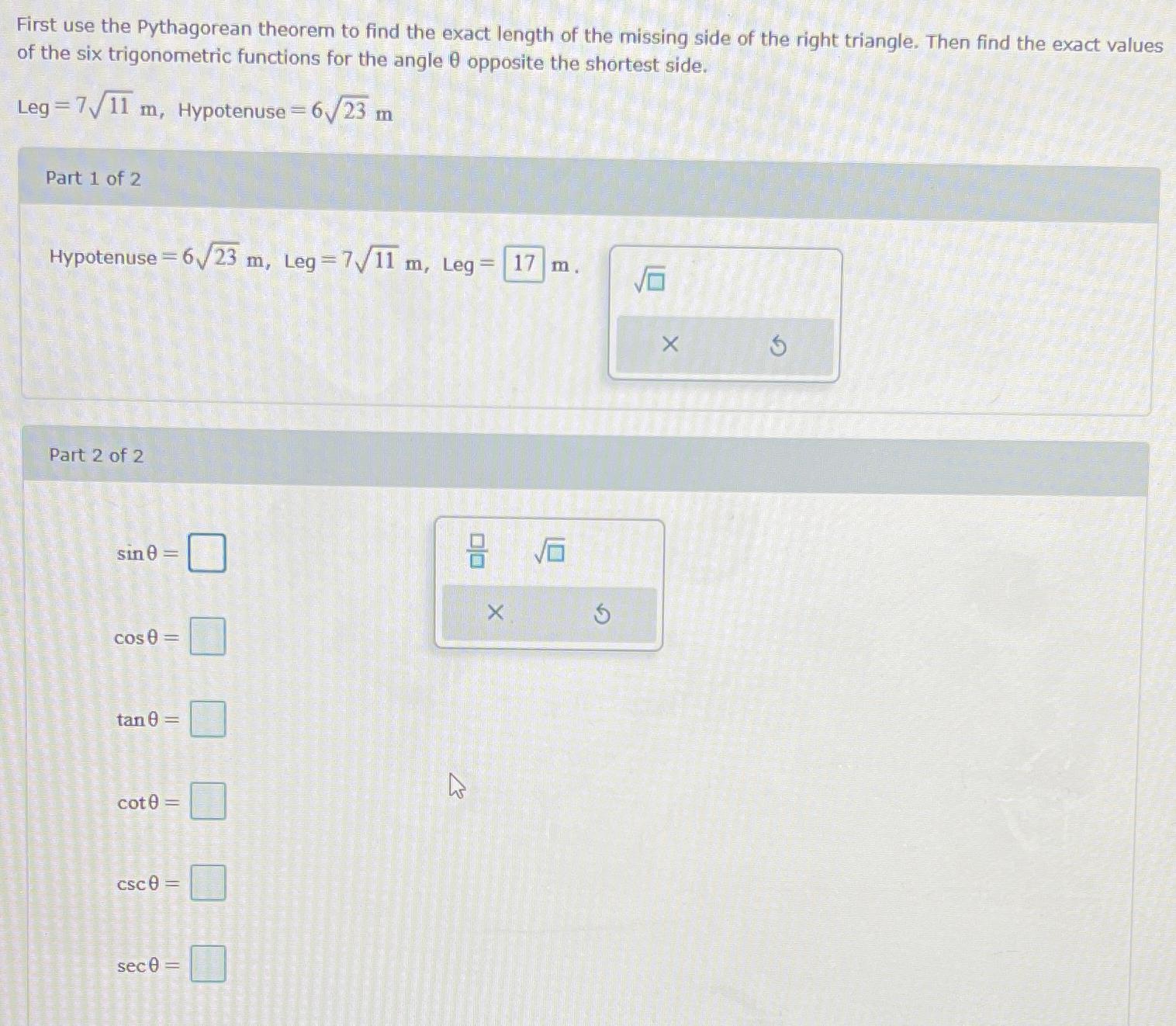 Solved First use the Pythagorean theorem to find the exact | Chegg.com