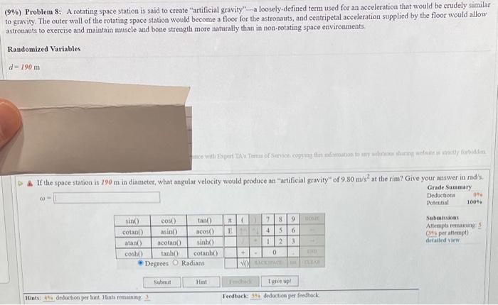 Solved (9\%) Problem 8: A rotating space station is said to | Chegg.com