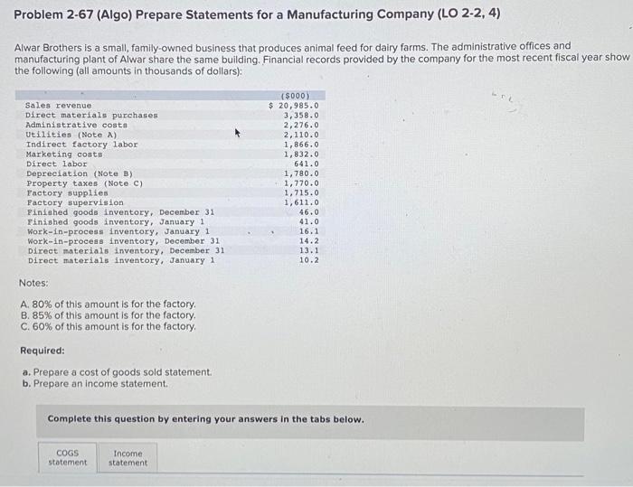 Solved Problem 2-67 (Algo) Prepare Statements for a | Chegg.com