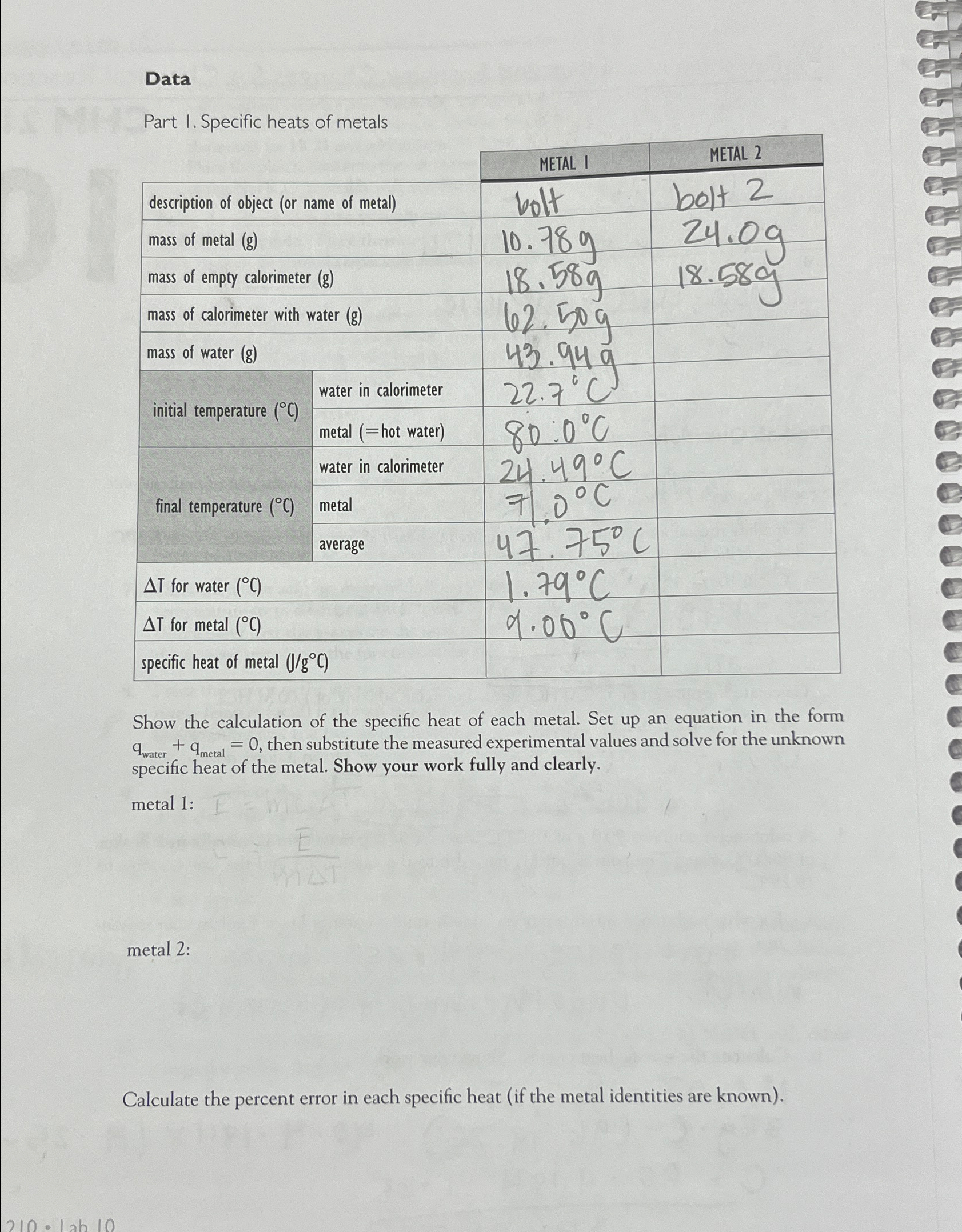Solved DataPart I. Specific heats of metals\table[[,,METAL | Chegg.com