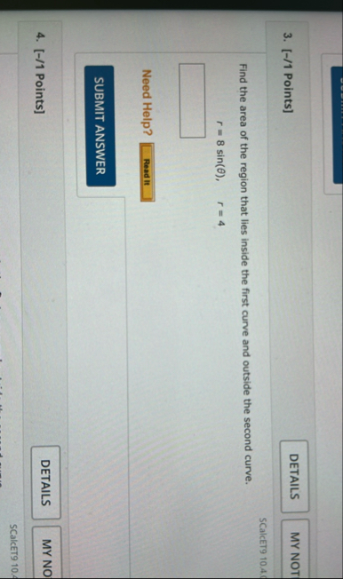 Solved [-/1 ﻿Points]SCalcET9 10.4.Find the area of the | Chegg.com