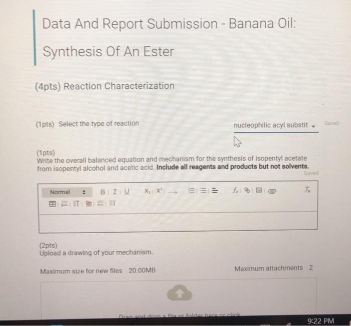 Solved Data And Report Submission - Banana Oil: Synthesis Of | Chegg.com