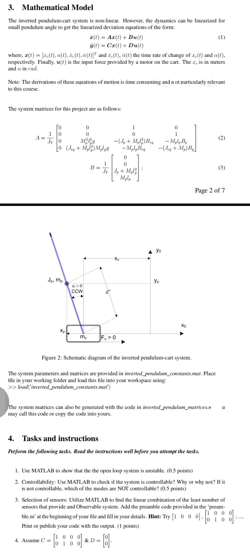 3. Mathematical Model The inverted pendulum-cart | Chegg.com