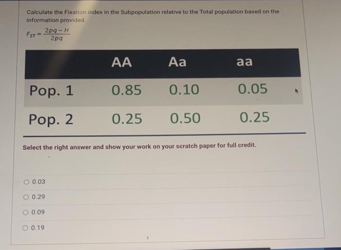 Solved Calculate the Fixation index in the Subpopulation | Chegg.com