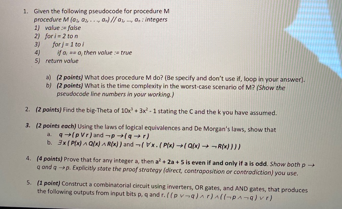 Solved 1. Given the following pseudocode for procedure M | Chegg.com