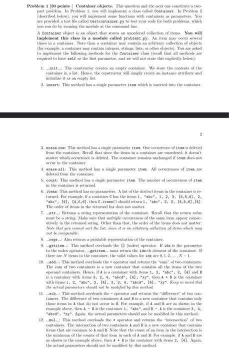 Solved Problem 1 [30 points | Container objects. This | Chegg.com