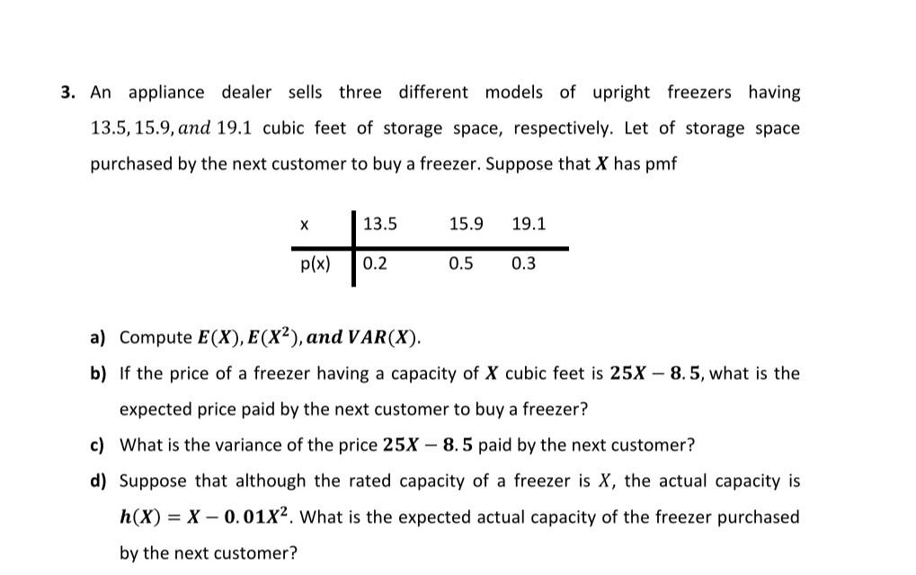 Solved 3. An appliance dealer sells three different models | Chegg.com