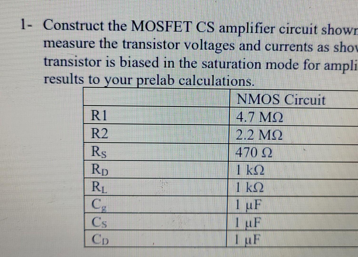 Solved 1- Construct the MOSFET CS amplifier circuit shown | Chegg.com