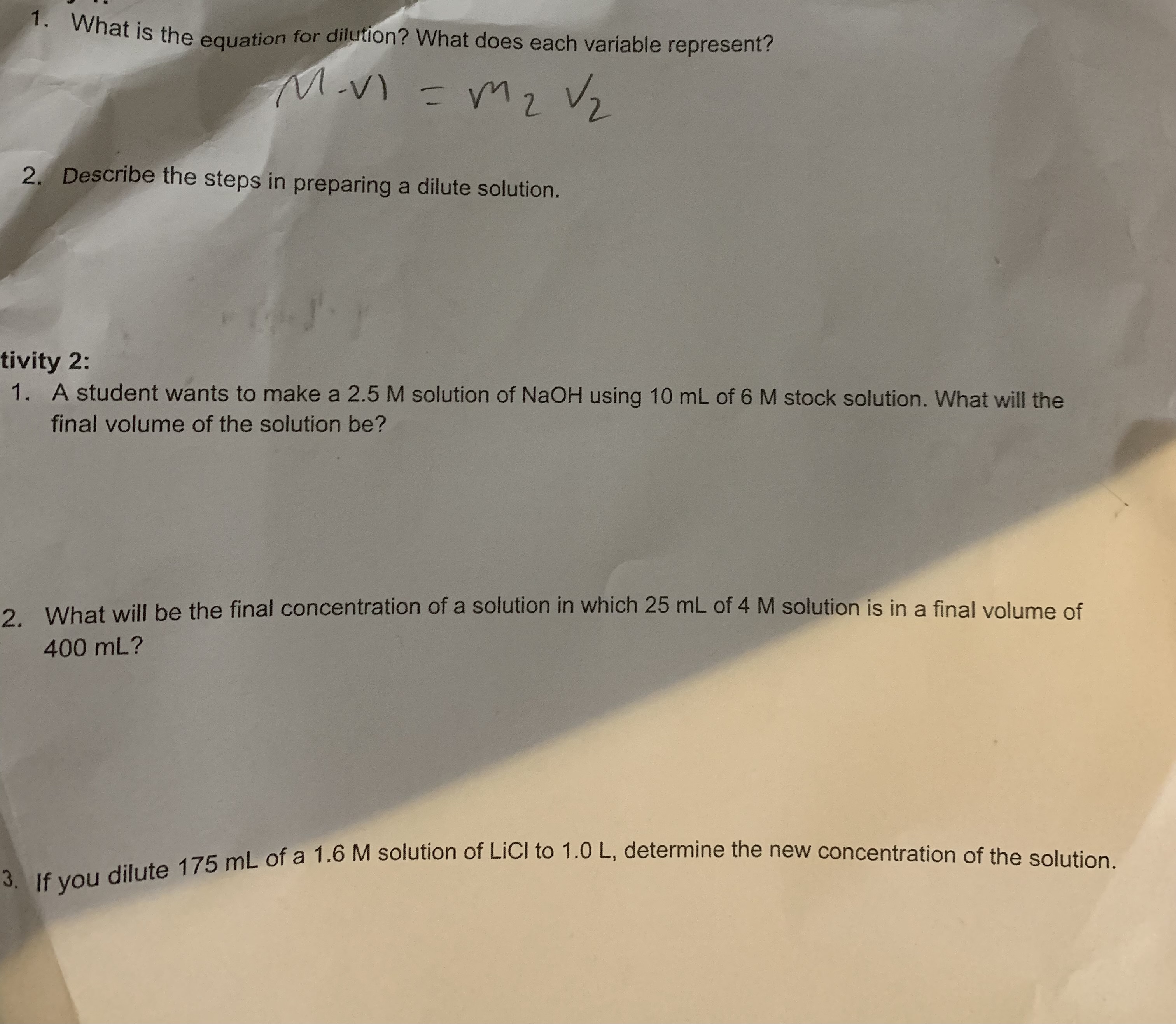 Solved What is the equation for dilution? What does each | Chegg.com