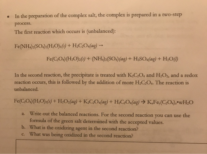 Solved In the preparation of the complex salt, the complex | Chegg.com