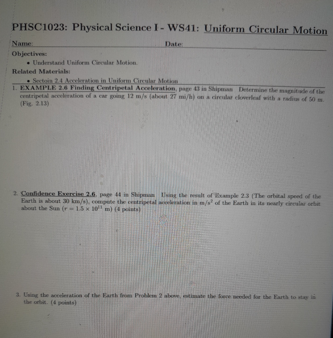 Solved PHSC1023: Physical Science I - ﻿WS41: Uniform | Chegg.com