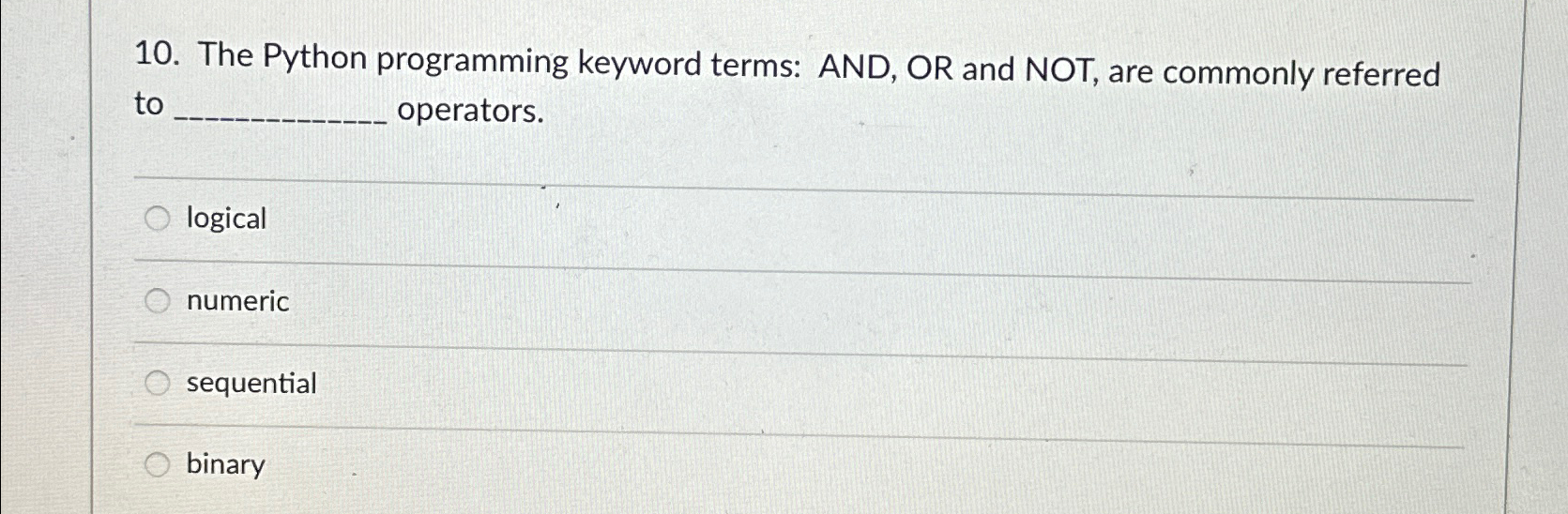 Solved The Python programming keyword terms: AND, OR and | Chegg.com