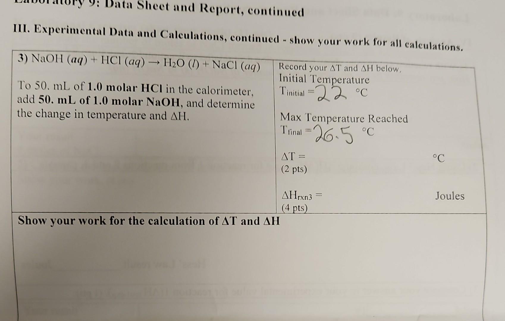 Solved Data Sheet and Report, continued III. Experimental | Chegg.com