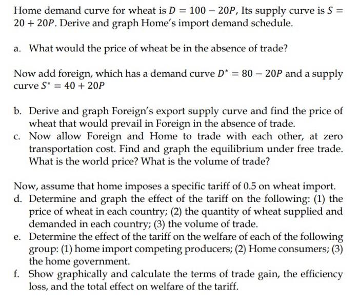 Solved = Home demand curve for wheat is D = 100 – 20P, Its | Chegg.com
