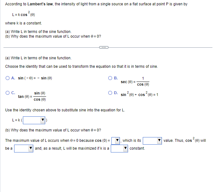 Solved According to Lambert's law, the intensity of light | Chegg.com