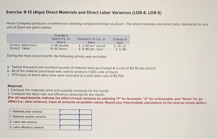 Solved Exercise 9-13 (Algo) Direct Materials and Direct | Chegg.com