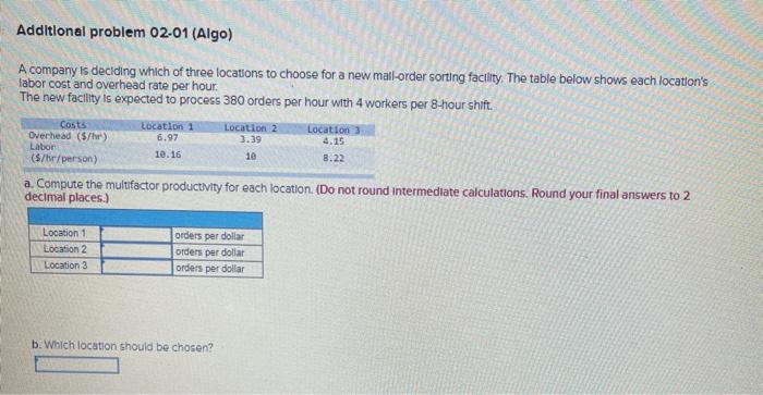 Solved Additional problem 02-01 (Algo) A company is deciding | Chegg.com