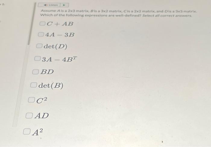 Solved Assume A is a 2×3 matrix, B is a 3×2 matrix, C is a | Chegg.com
