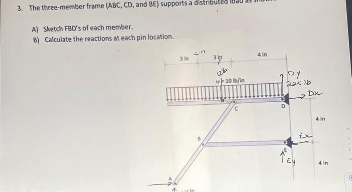 Solved 3. The three-member frame (ABC, CD, and BE) supports | Chegg.com