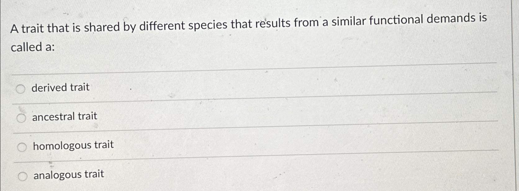 Solved A trait that is shared by different species that | Chegg.com