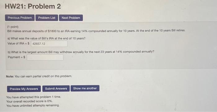 Solved (1 point) Bill makes annual deposits of \\( \\$ 1800 | Chegg.com