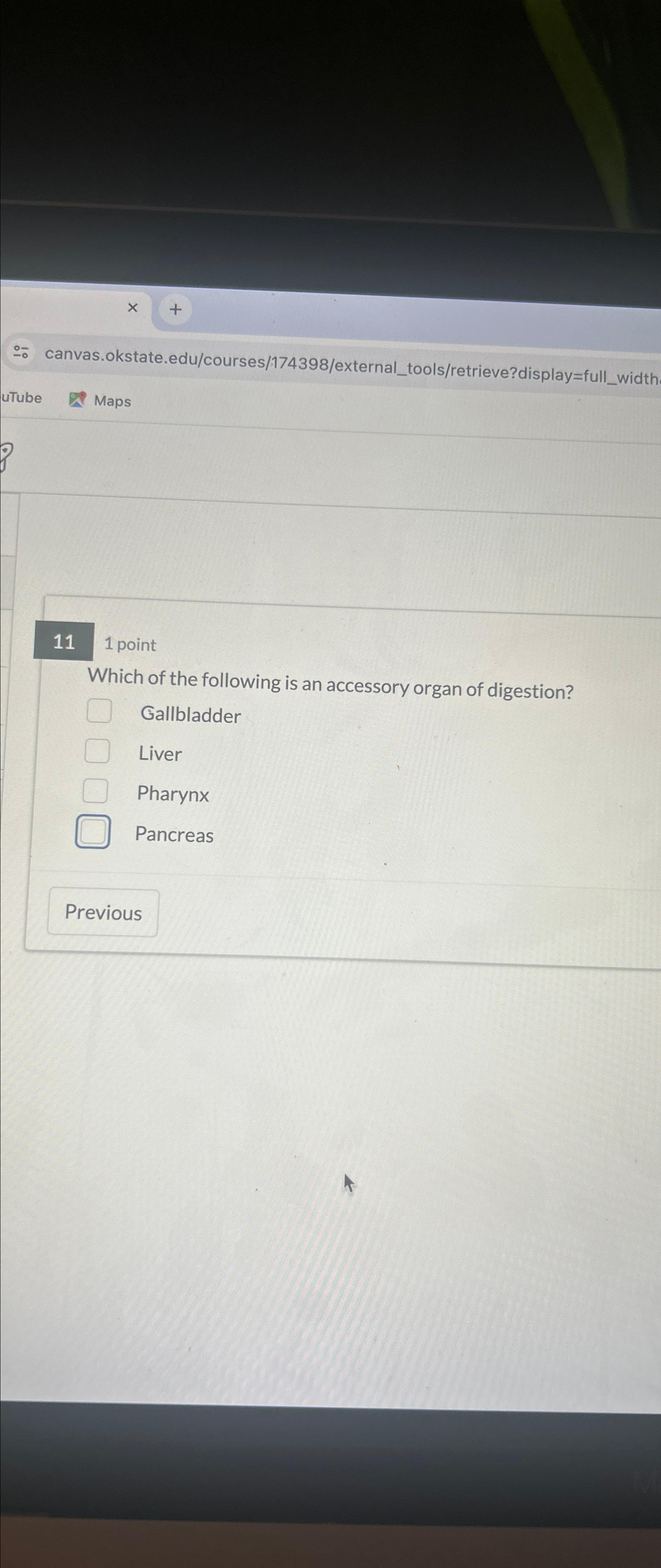 Solved 1 ﻿pointWhich of the following is an accessory organ | Chegg.com
