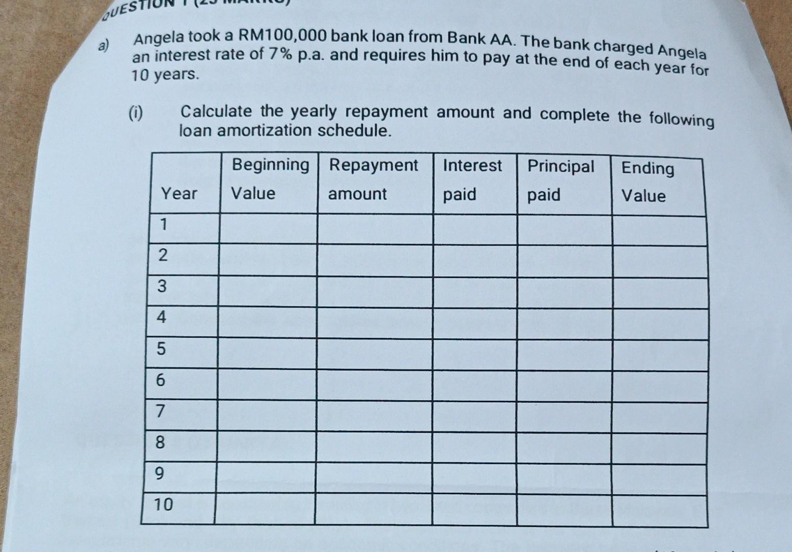 Solved a) Angela took a RM100,000 bank loan from Bank AA. | Chegg.com