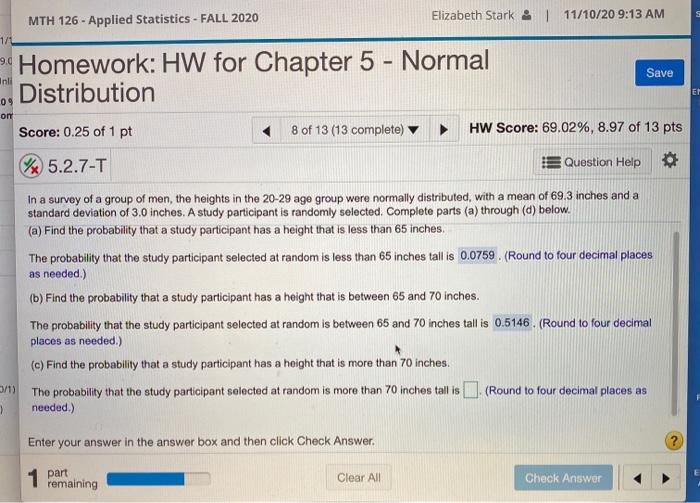 Solved MTH 126 - Applied Statistics - FALL 2020 Elizabeth | Chegg.com