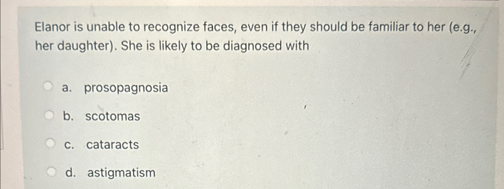Solved Elanor is unable to recognize faces, even if they | Chegg.com