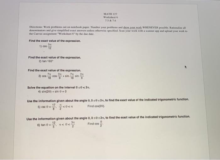 Solved MATH 127 Worksheet 6 75A 76 Directions: Work problems | Chegg.com