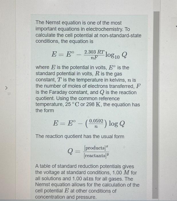 The Nernst equation is one of the most important | Chegg.com