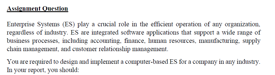 Solved Assignment Question Enterprise Systems (ES) play a | Chegg.com
