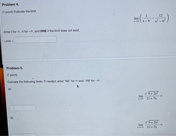 Solved (1 point) Evaluate the limit limx→6(x−61−x2−6212) | Chegg.com