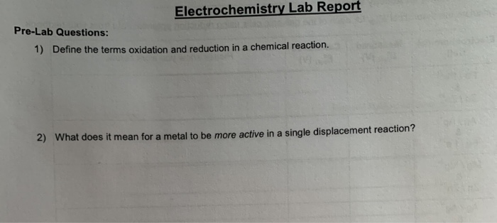Solved Electrochemistry Lab Report Pre-Lab Questions: 1) | Chegg.com