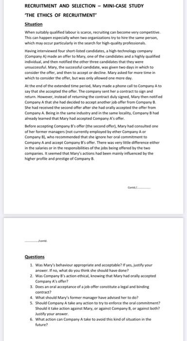 Solved RECRUITMENT AND SELECTION - MINI-CASE STUDY THE | Chegg.com
