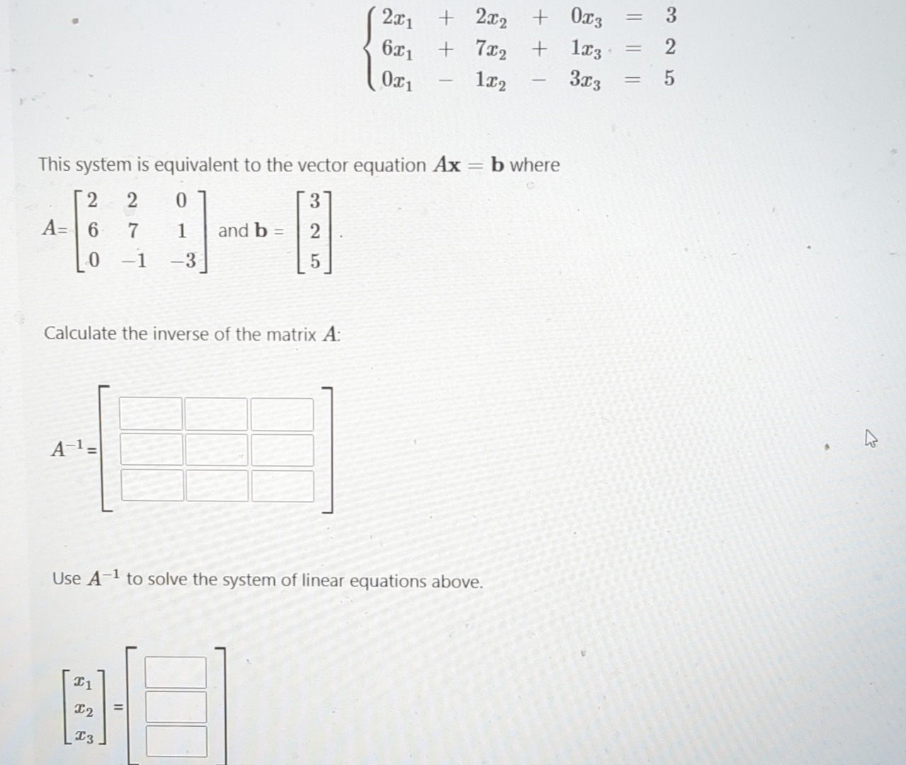 Solved 2x1+2x2+0x3=36x1+7x2+1x3=20x1-1x2-3x3=5This system is | Chegg.com