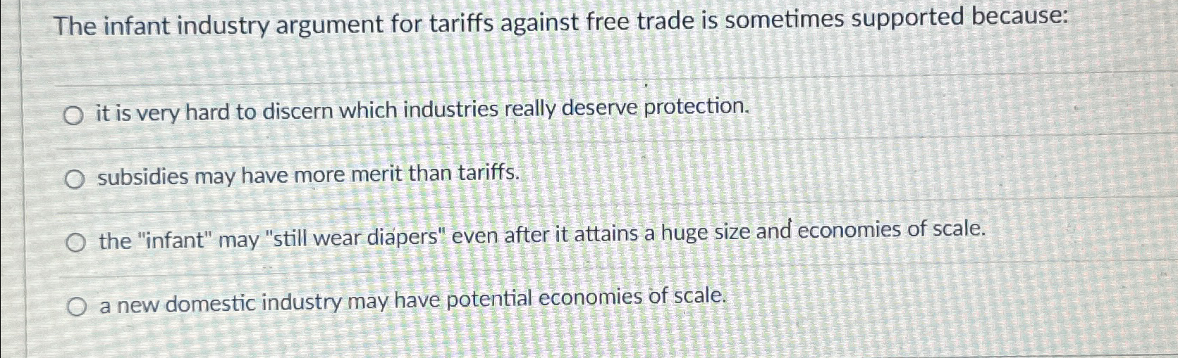Solved The infant industry argument for tariffs against free | Chegg.com