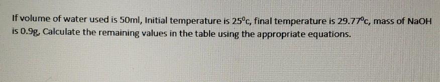 Solved Volume of water used (mL) . Temperature before | Chegg.com