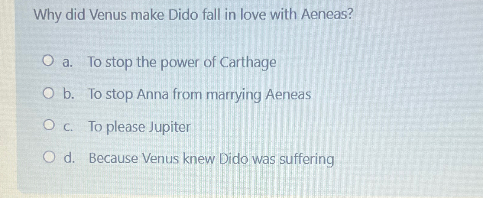 Solved Why did Venus make Dido fall in love with Aeneas?a. | Chegg.com