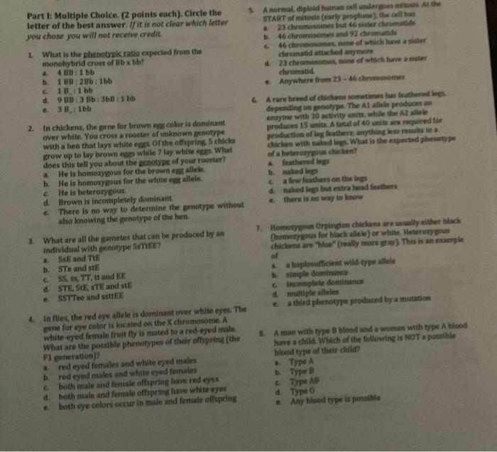 Solved Part I: Multiple Choice, (2 points each). Circle the | Chegg.com