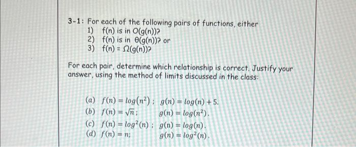 Solved 3-1: For each of the following pairs of functions, | Chegg.com