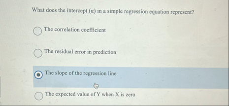 Solved What does the intercept ( α ) ﻿in a simple regression | Chegg.com