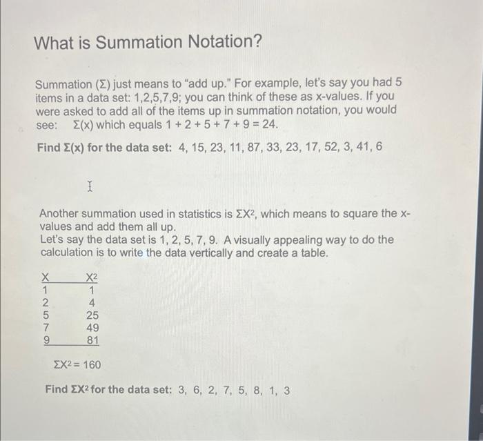 Solved Summation (Σ) just means to "add up." For example, | Chegg.com