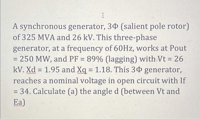 Solved I A synchronous generator, 30 (salient pole rotor) of | Chegg.com