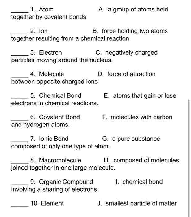 Solved 1. Atom A. a group of atoms held together by covalent | Chegg.com